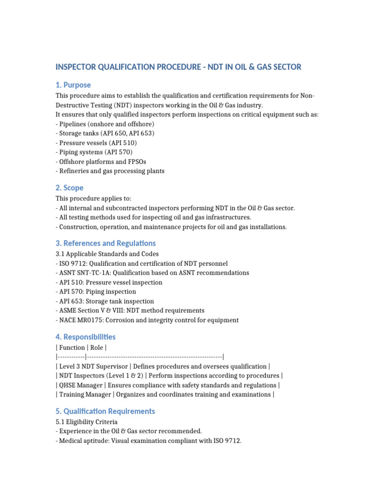 Inspector Qualification Procedure NDT Oil Gas TOFD PAUT | PDF ...