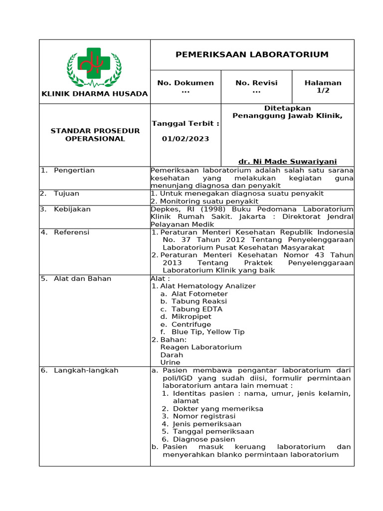Sop Pemeriksaan Laboratorium Newww | PDF