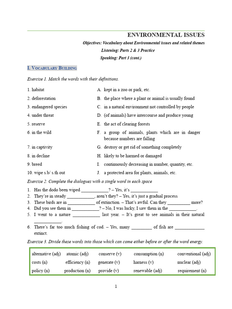 Vocabulary and Skills for Environmental Issues | PDF | Endangered ...
