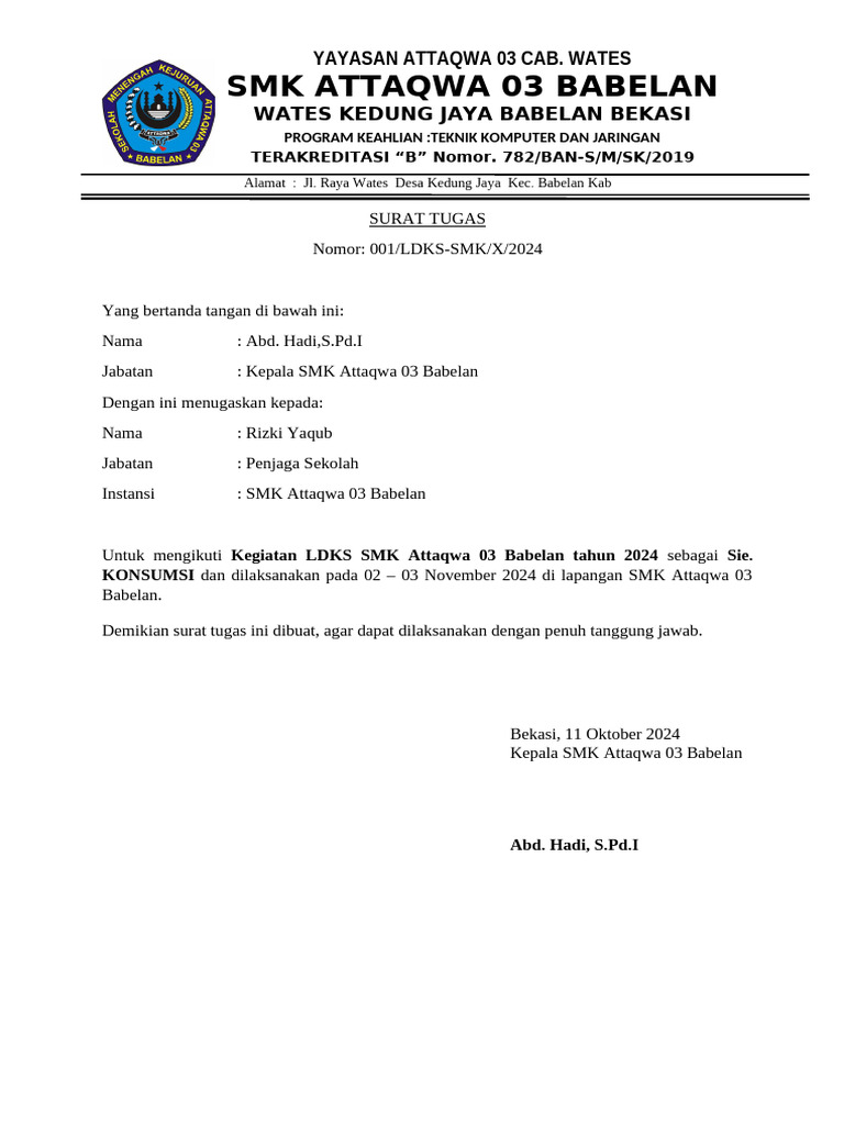 Surat Tugas Panitia LDKS | PDF