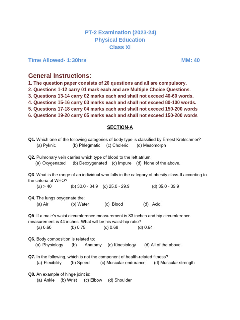 PHE Class XI (2023-24) PT-2 | PDF | Circulatory System | Physiology