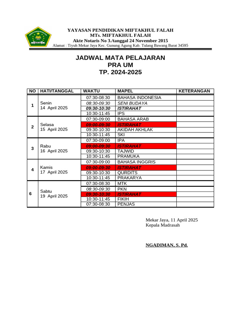 Jadwal Mapel Pra 2025 | PDF