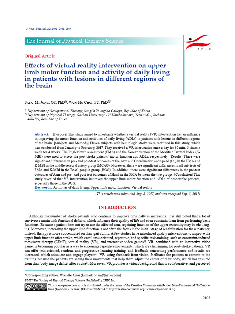 Effects of Virtual Reality Intervention On Upper Limb Motor Function and ADLs in Patients With ...