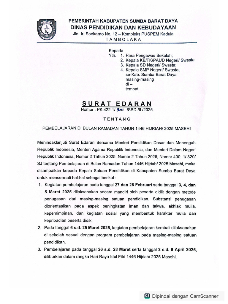 Surat Edaran Pembelajaran Di Masa Ramadhan 2025 - SBD | PDF