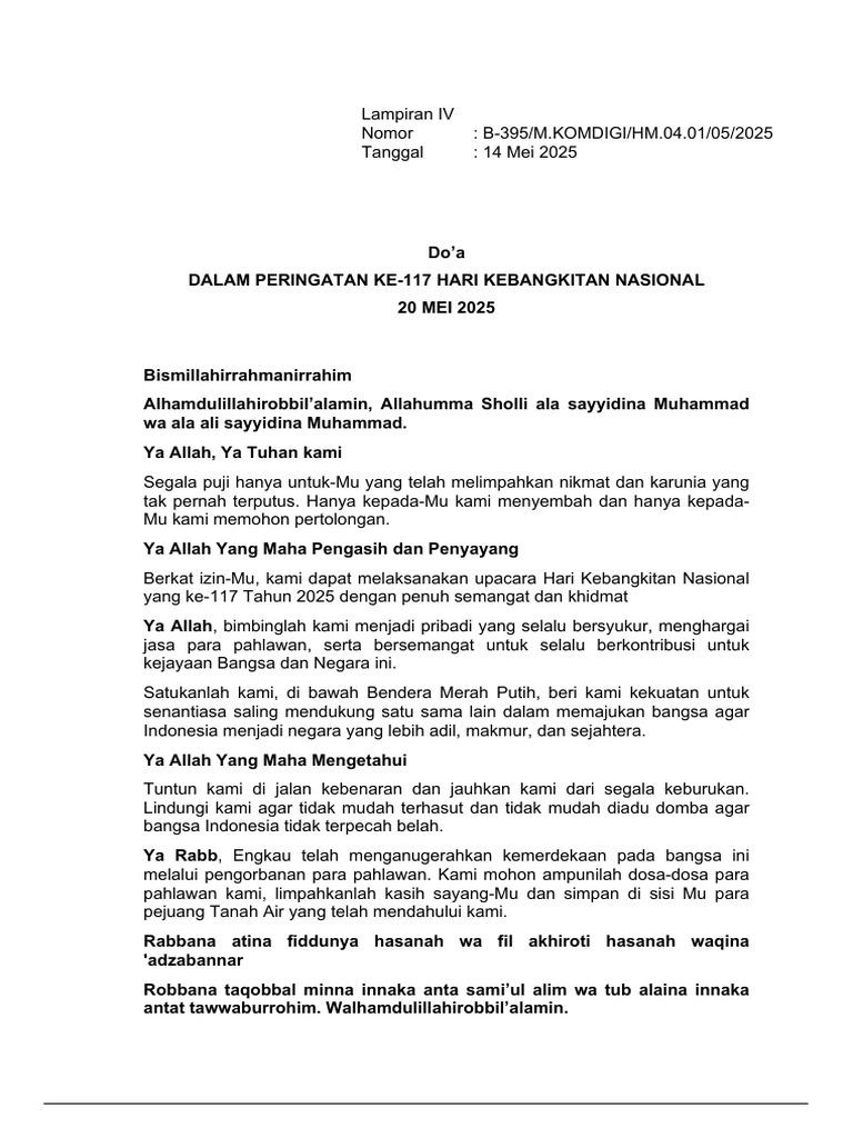 Teks Doa Peringatan Hari Kebangkitan Nasional (Harkitnas) 2025 | PDF
