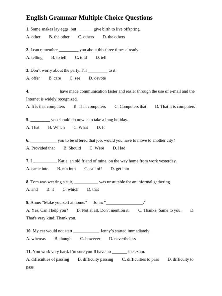 English Grammar Multiple Choice Questions - Trắc Nghiệm Cuối Khóa Lớp ...