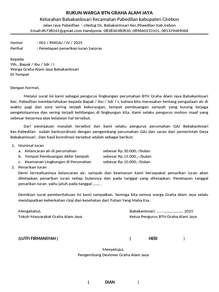 IURAN RUKUN WARGA BTN GRAHA ALAM JAYA | PDF