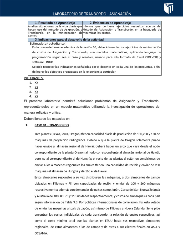 Laboratorio de Transbordo - Asignacion | PDF