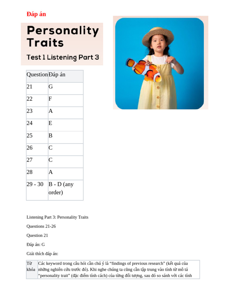 Đáp Án Listening Test 1 Part 3 Personality Traits | PDF