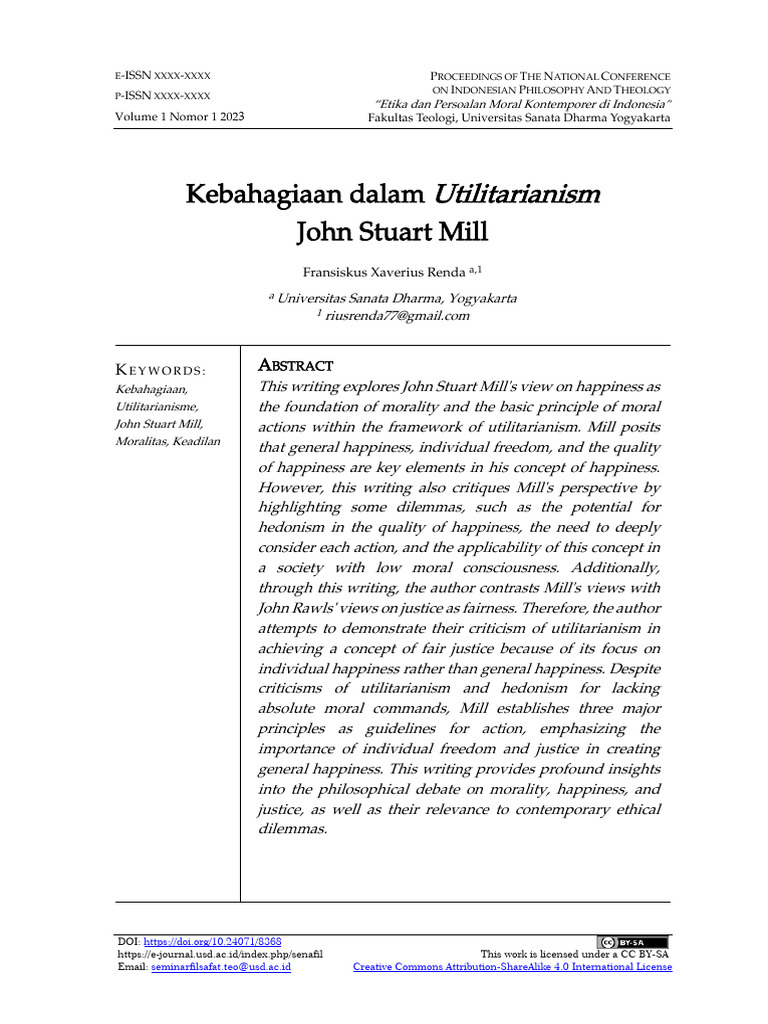 Kebahagiaan Dalam Utilitarianism John Stuart Mill | PDF