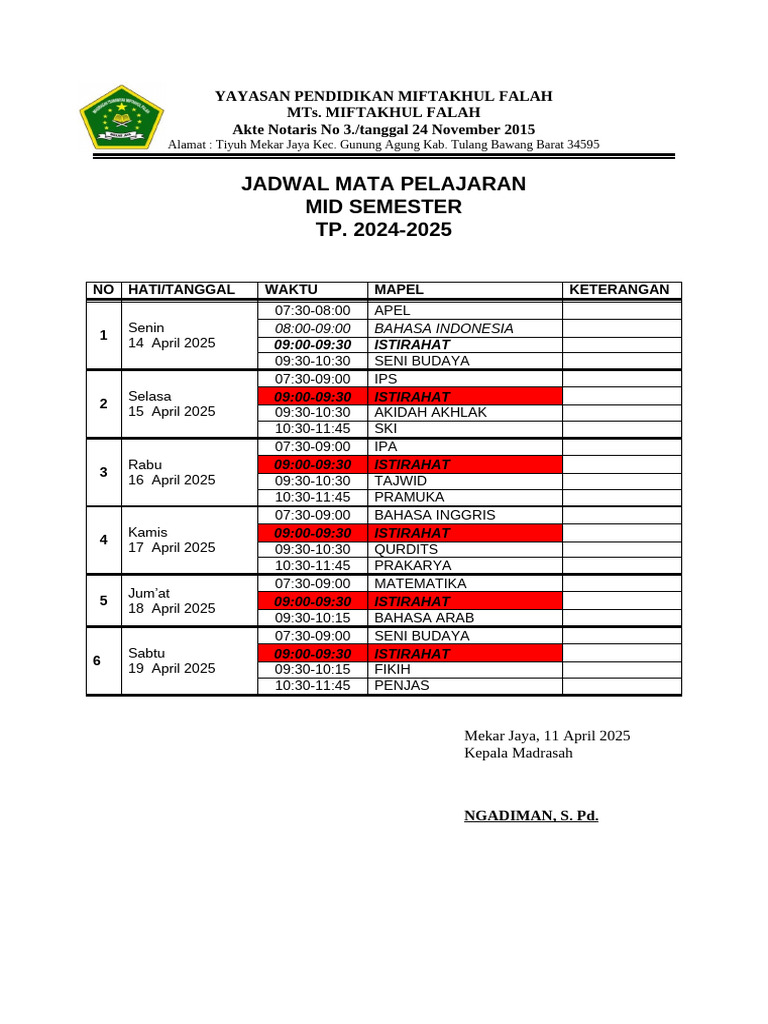 Jadwal Mid Semester MTs Miftakhul Falah | PDF