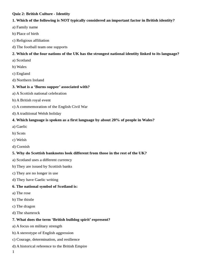 British Culture Quiz: Identity Insights | PDF | United Kingdom | Scotland