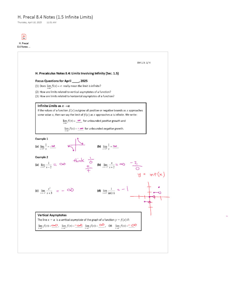 H. Precal 8.4 Notes (1.5 Infinite Limits) - Completed | PDF