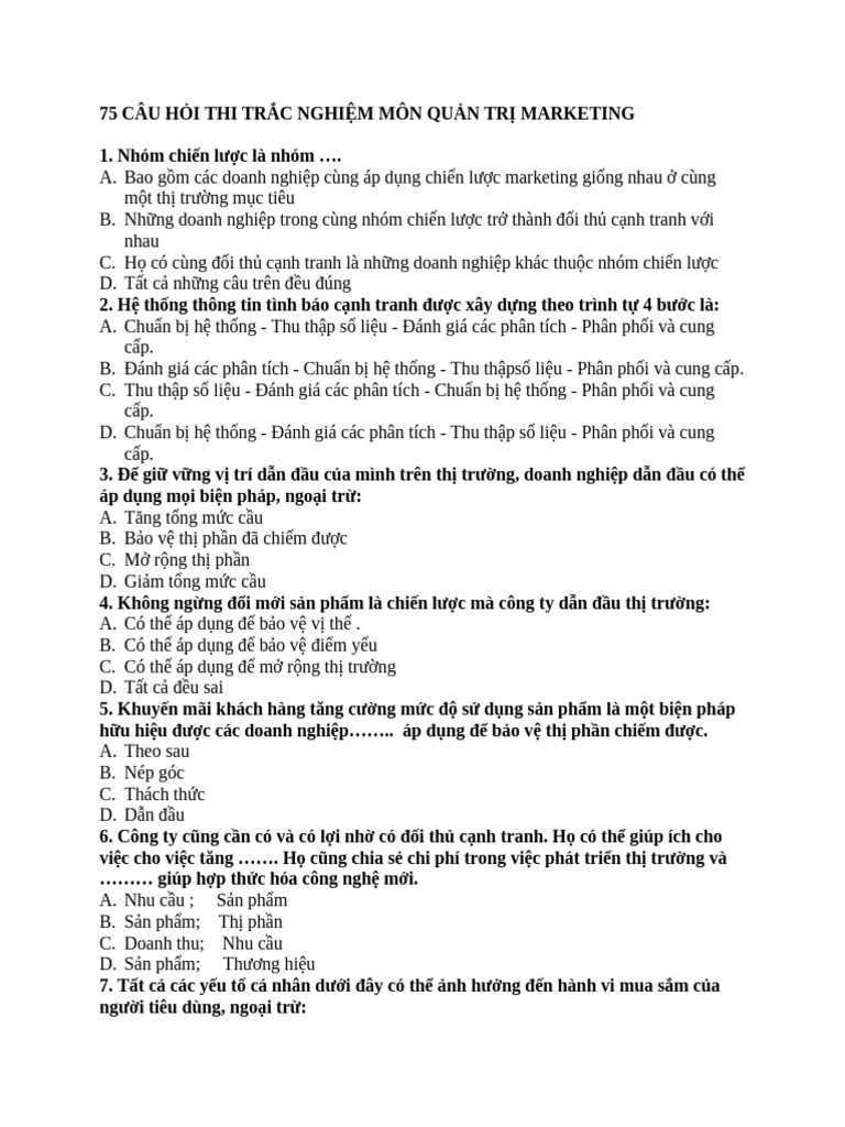 75 Cauhoi Tracnghiem - Qtmarketing 2 | PDF