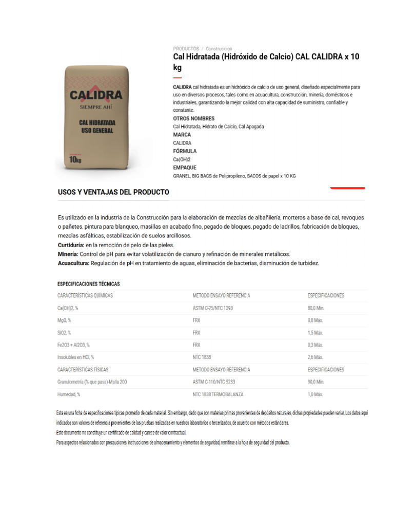 Ficha Tecnica Cal Calidra | PDF