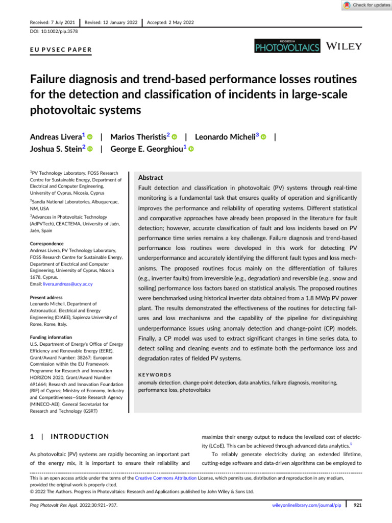 Progress in Photovoltaics - 2022 - Livera - Failure Diagnosis and Trend Based Performance Losses ...