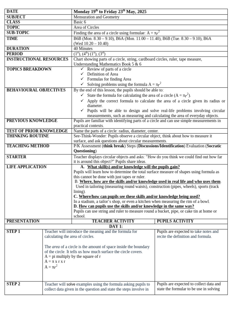 basic 6 wk4 area of circles | PDF | Area | Circle