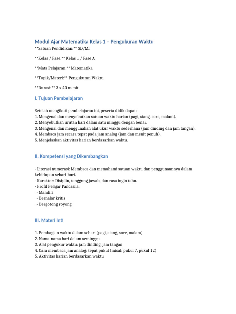Modul Ajar Matematika Kelas 1: Waktu | PDF