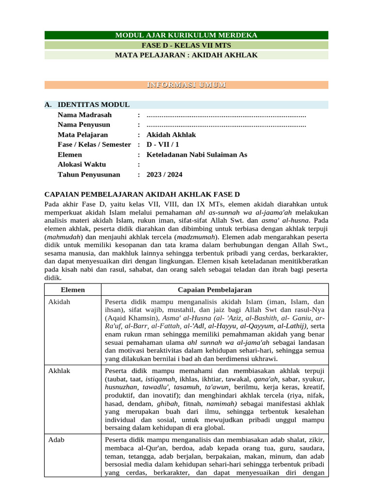 Modul Ajar Akidah Akhlak Kelas 7 Bab 5 Suhenah | PDF