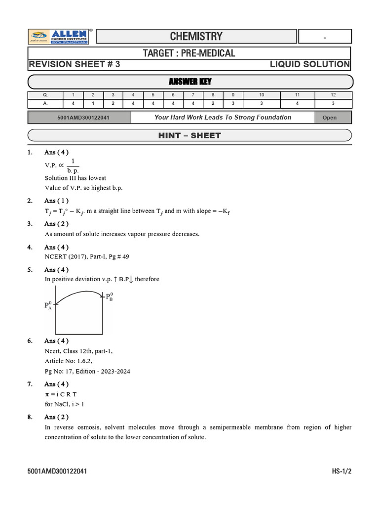 Sol - Revision Sheet - Liquid Solution | PDF