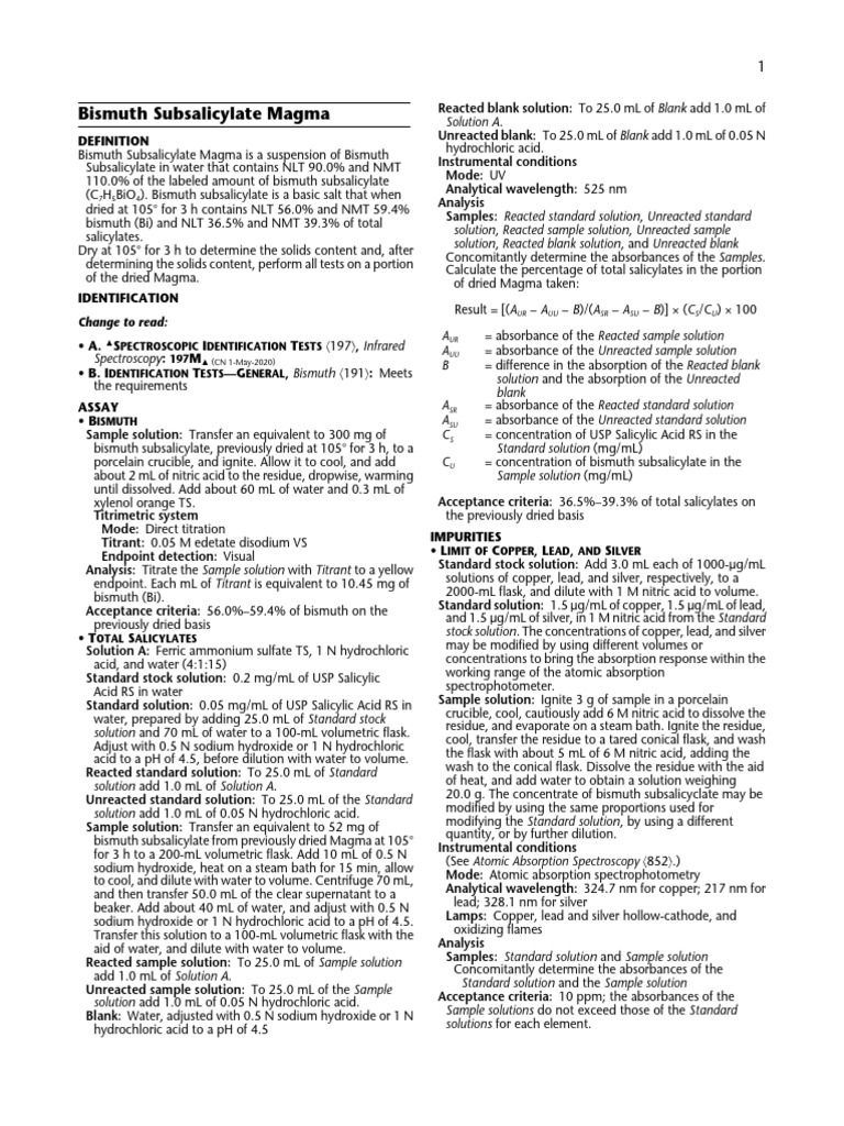 Bismuth Subsalicylate Magma | PDF | Chemistry | Titration