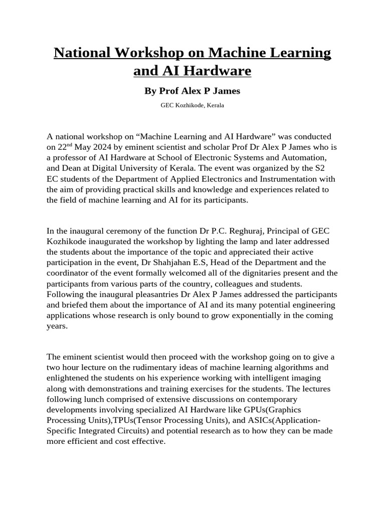 National Workshop On Machine Learning and AI Hardware | PDF