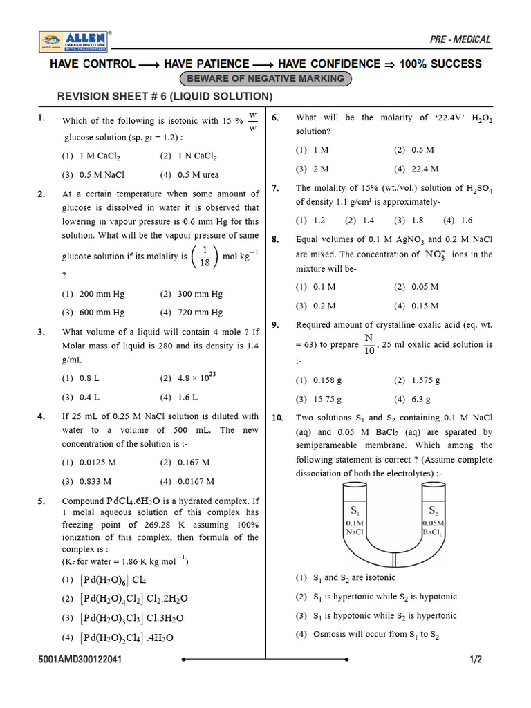 Revision Sheet - Liquid Solution | PDF | Chemistry | Physical Chemistry