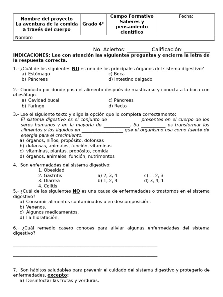 4to Grado Septiembre - Examen 06 La Aventura de La Comida A Trav - S ...