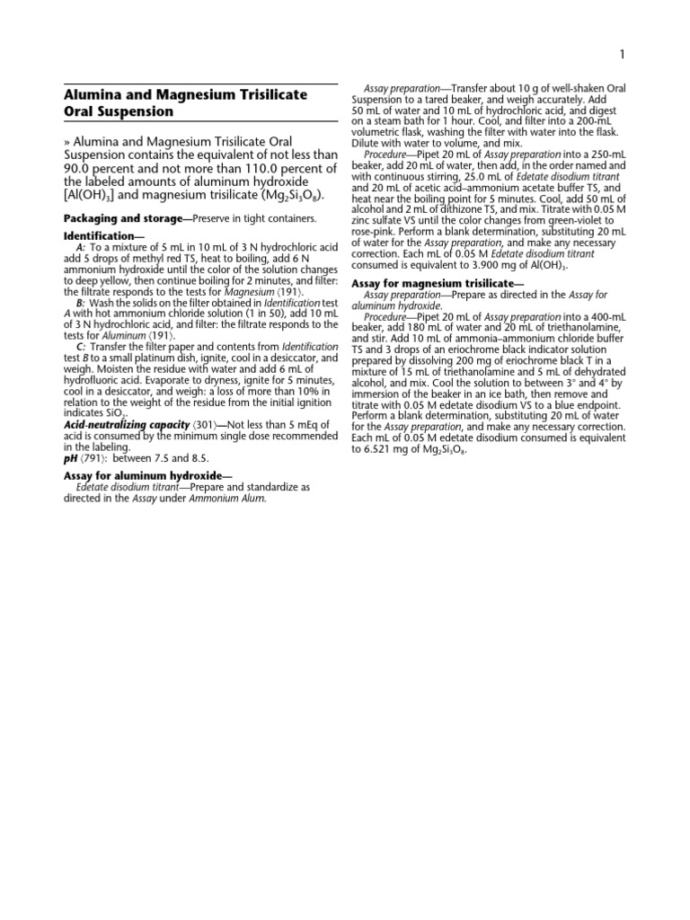 Alumina and Magnesium Trisilicate Oral Suspension | PDF | Magnesium ...