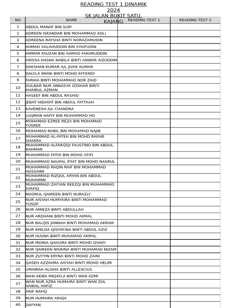 Reading Test Year 1 | PDF