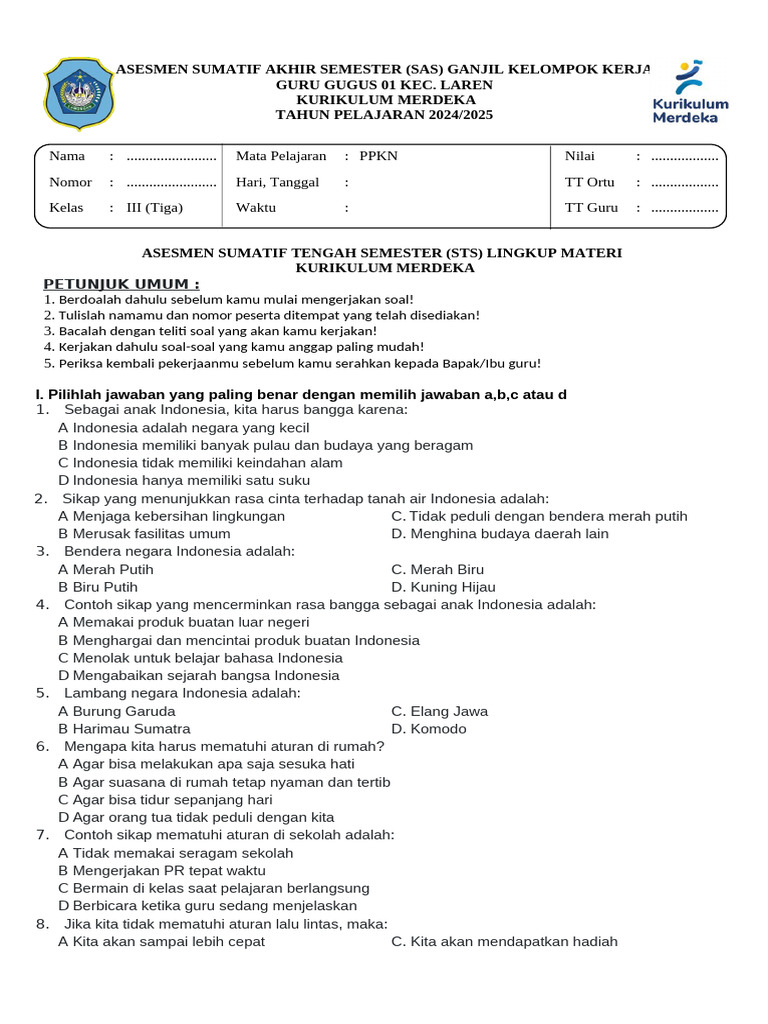 PPKN Kelas 3 STS Sem 1 24-25 | PDF