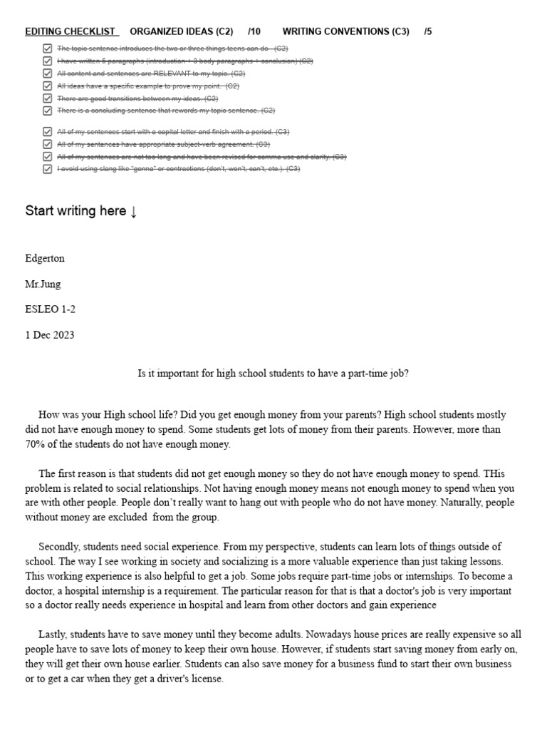 Edgerton Kim - ESLDE Opnion Paragraph Good | PDF