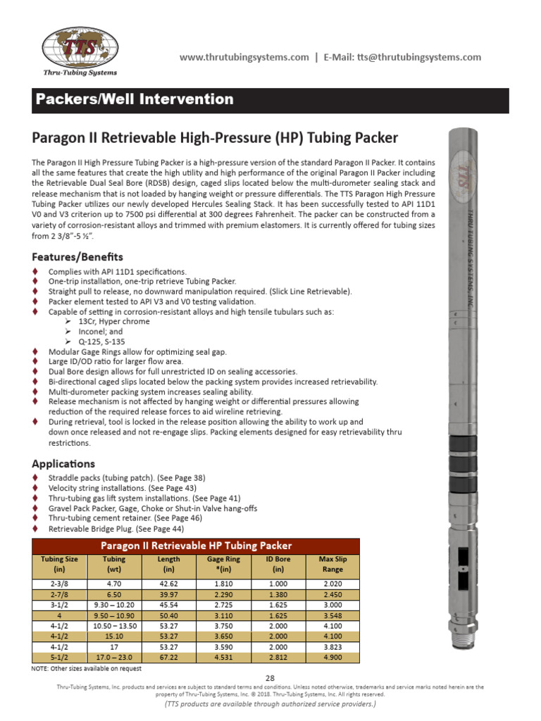 TTS Paragon Retrievable High Pressure Tubing Packer | PDF | Materials | Mechanical Engineering