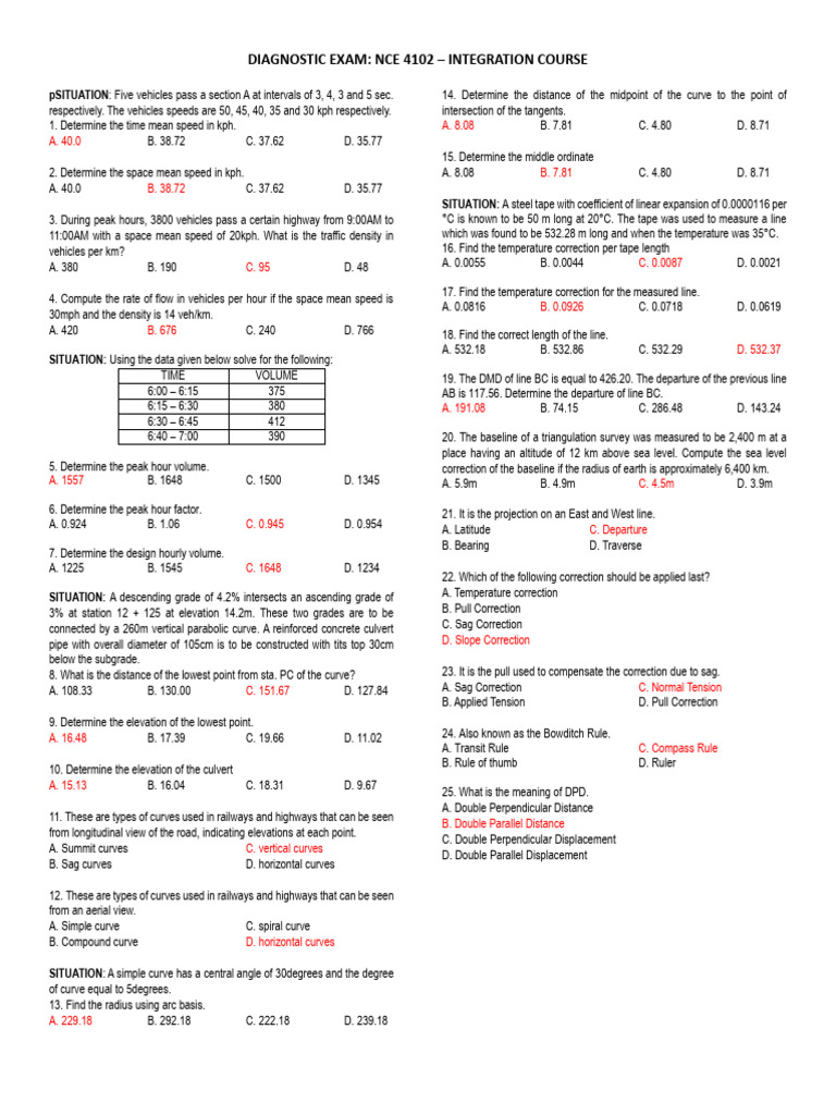 Diagnostic Exam Surveying and Transportation Engg | PDF | Speed | Sea Level