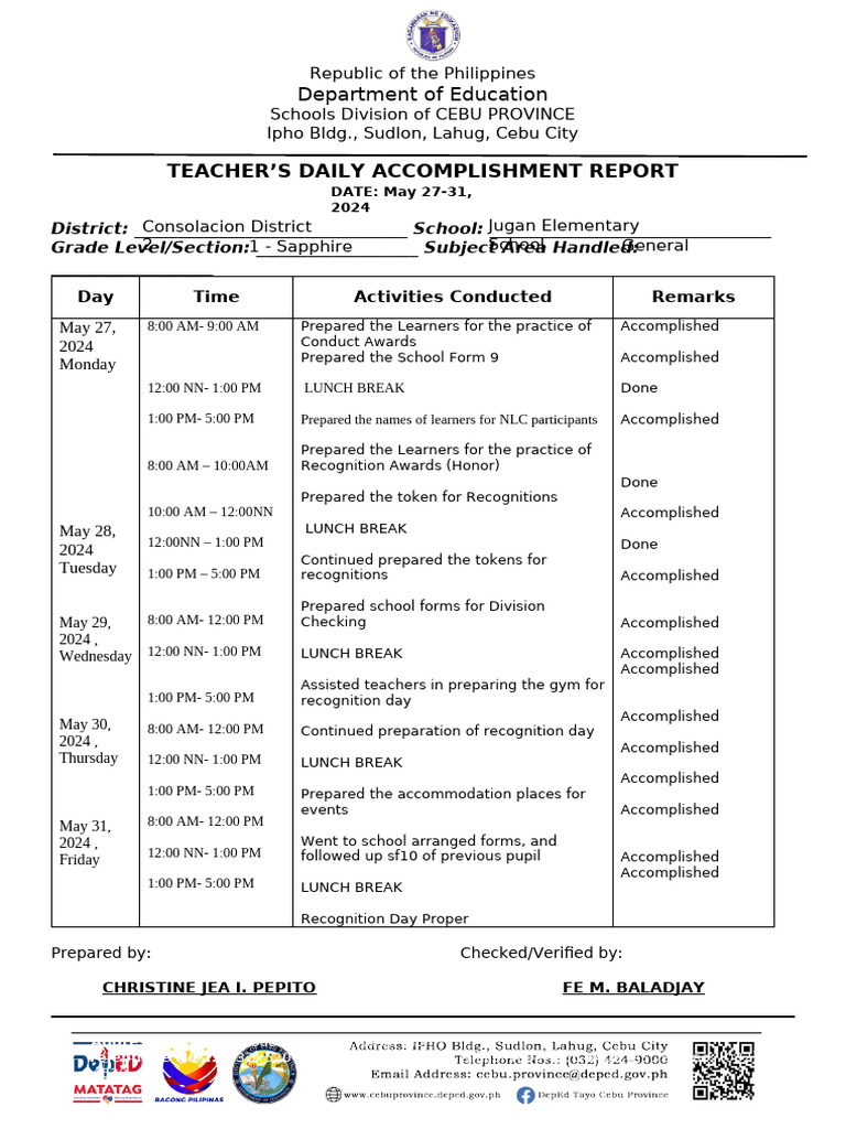 WFH-Teacher's Daily Accomplishment Report-9th | PDF