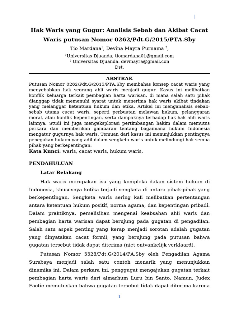 Hak Waris Yang Gugur Analisis Sebab Dan Akibat Cacat Waris. Tio & Devina | PDF