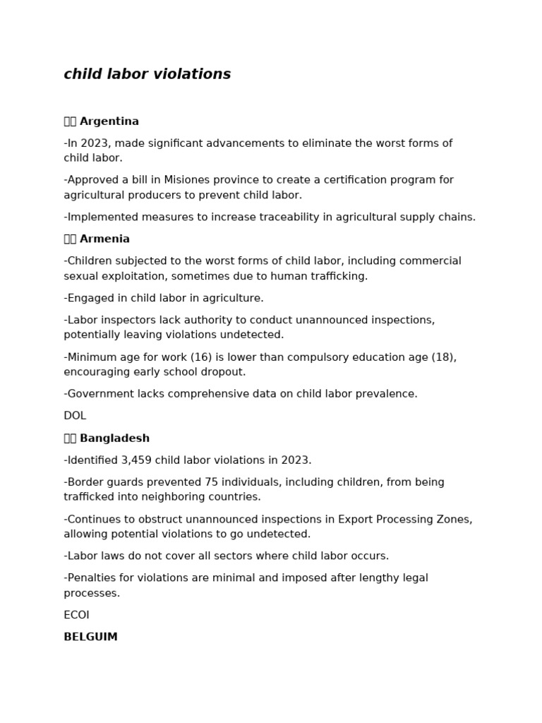 Child Labor Violations and Related Issues For Each Country | PDF ...