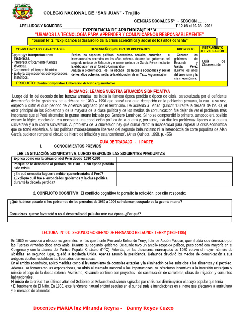Sesion N°02 V Unidad CCSS Gob Belaunde - Garcia | PDF | Perú