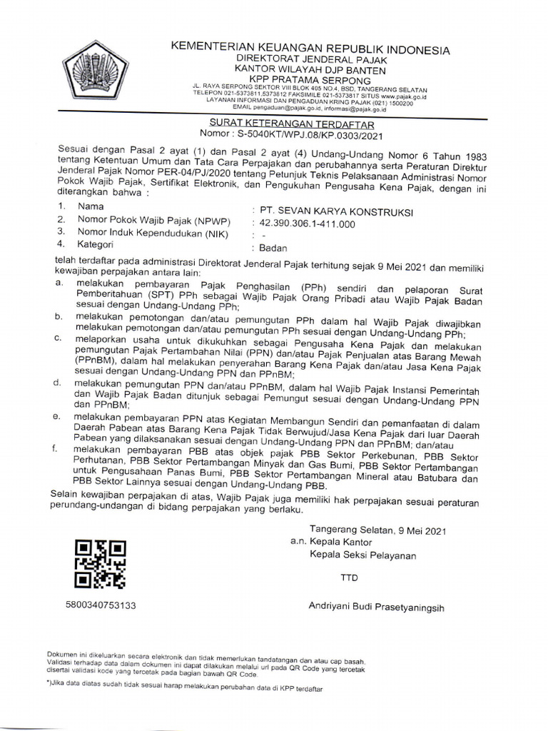 Surat Keterangan Terdaftar PT. SEVAN KARYA KONSTRUKSI | PDF