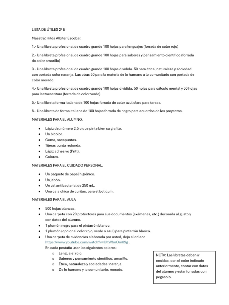 Útiles Escolares 2° E: Lista Completa | PDF