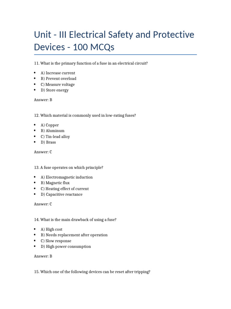 Unit III Electrical Safety 100 MCQs | PDF | Fuse (Electrical) | Capacitor