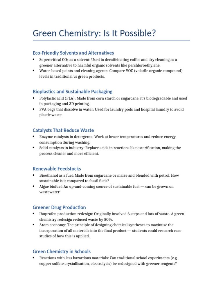 Green Chemistry Research Project Ideas | PDF
