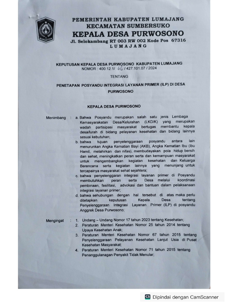 SK Penetapan Posyandu Ilp Pustu Purwosono | PDF