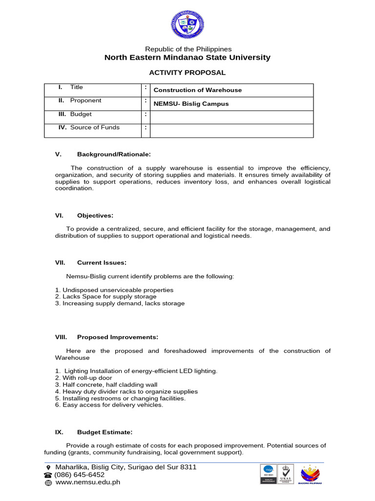 NEMSU Warehouse Construction Proposal | PDF | Warehouse | Logistics