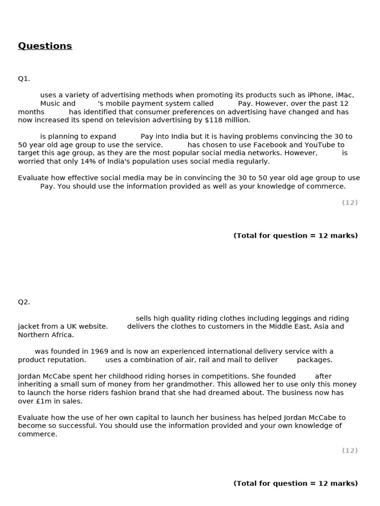 12 Marks Questions With Examiner Reports | PDF | Apple Inc. | Retail