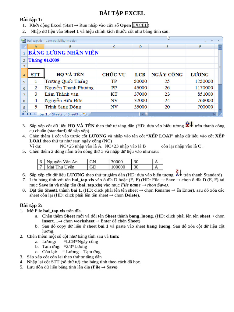 bài tập excel cơ bán CG | PDF