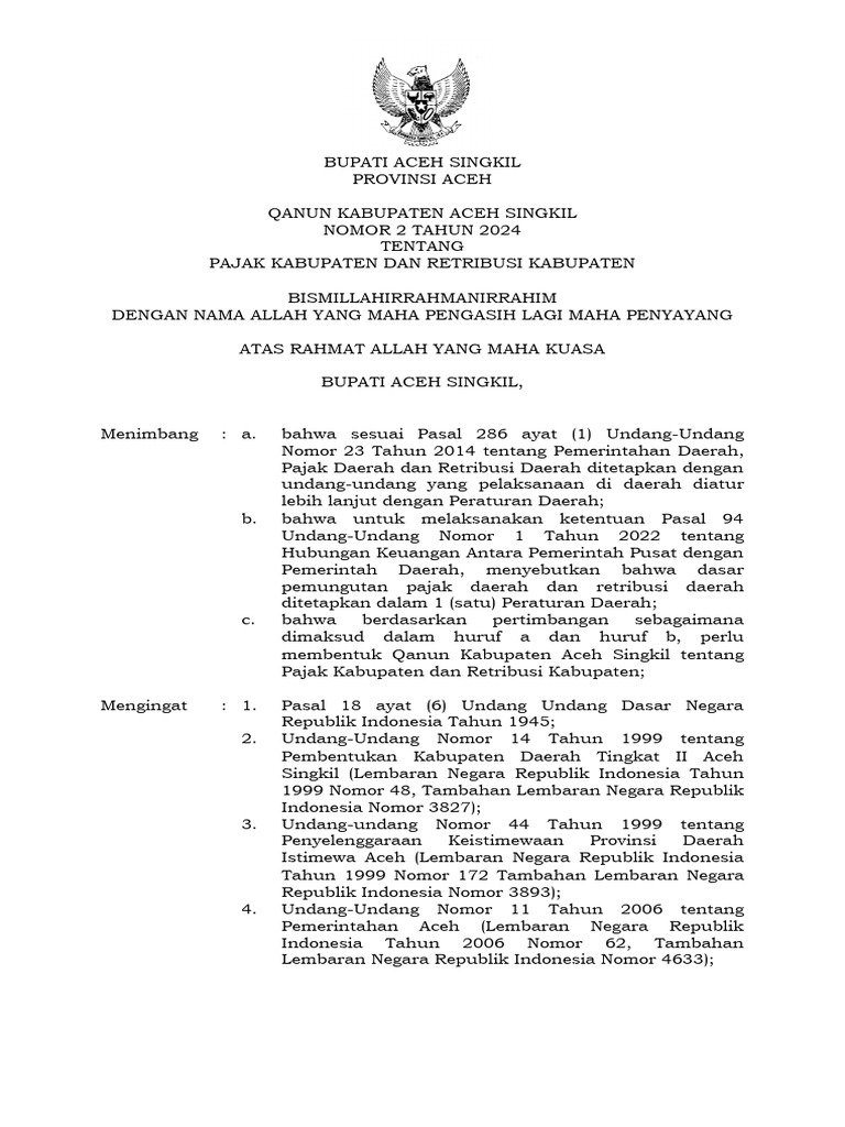 Qanun Aceh Singkil No. 2 2024 | PDF