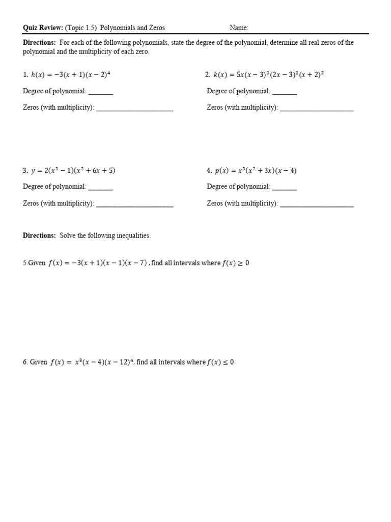 Polynomial Functions and Zeros Quiz Review | PDF