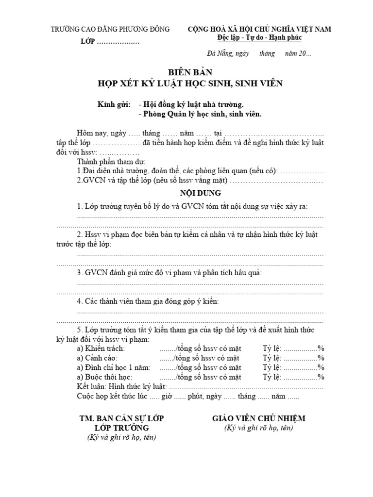 Mau Bien Ban Hop Xet Ky Luat HSSV | PDF