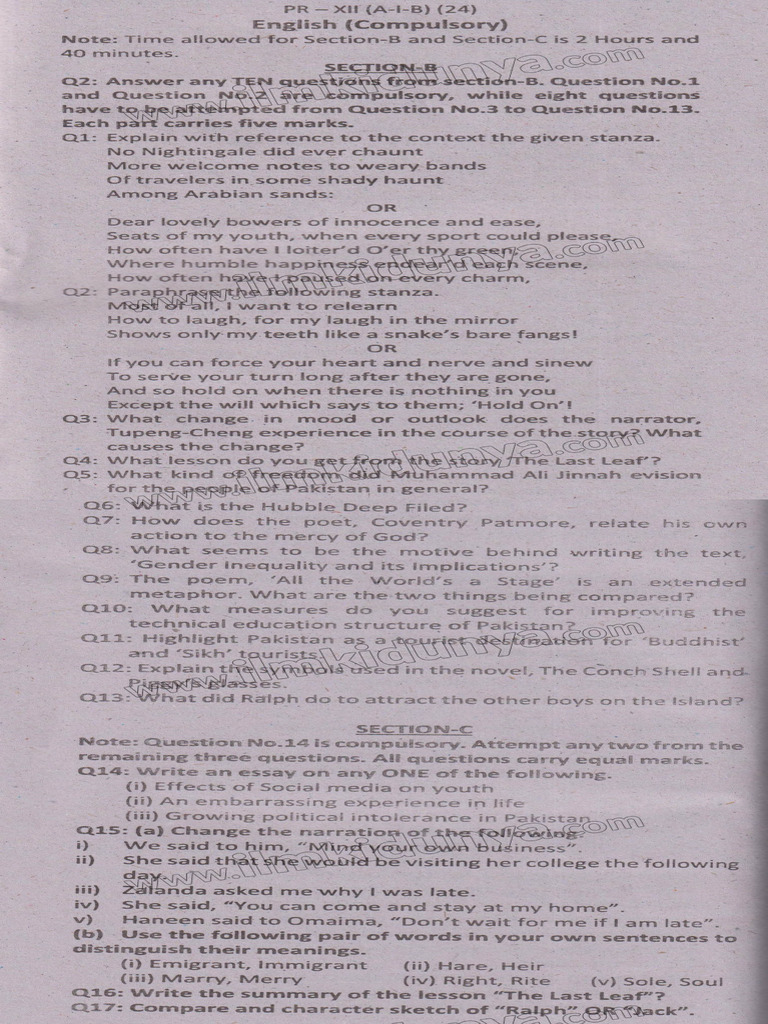 Past Paper 2024 12th Class Peshawar Board English Subjective | PDF